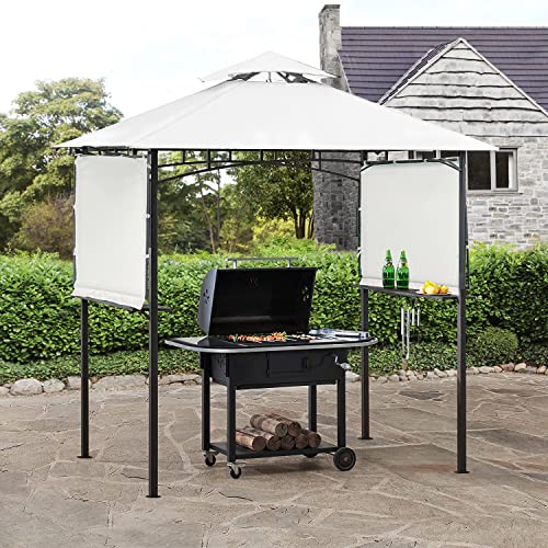 Merax Gazebo - 13Ft x 4.5Ft, Iron Double Tiered Outdoor Canopy with Bar Counters & Extendable Shades, for Patio Garden Backyard BBQ Grill, White