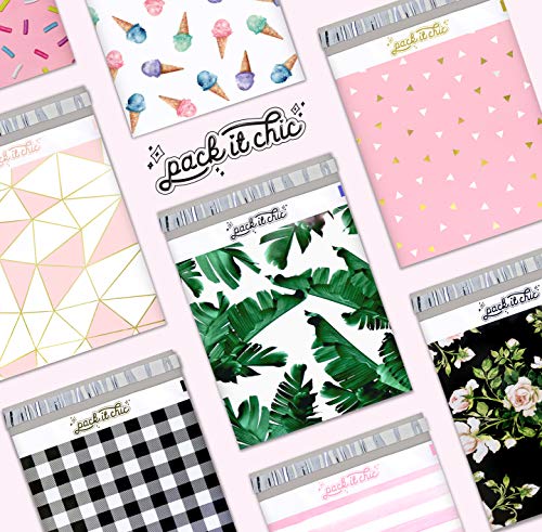 Pack It Chic - 10X13 (100 Pack) Geometric Leaves Pattern - Thank You Poly Mailer Envelope Plastic Custom Mailing & Shipping Bags - Self Seal
