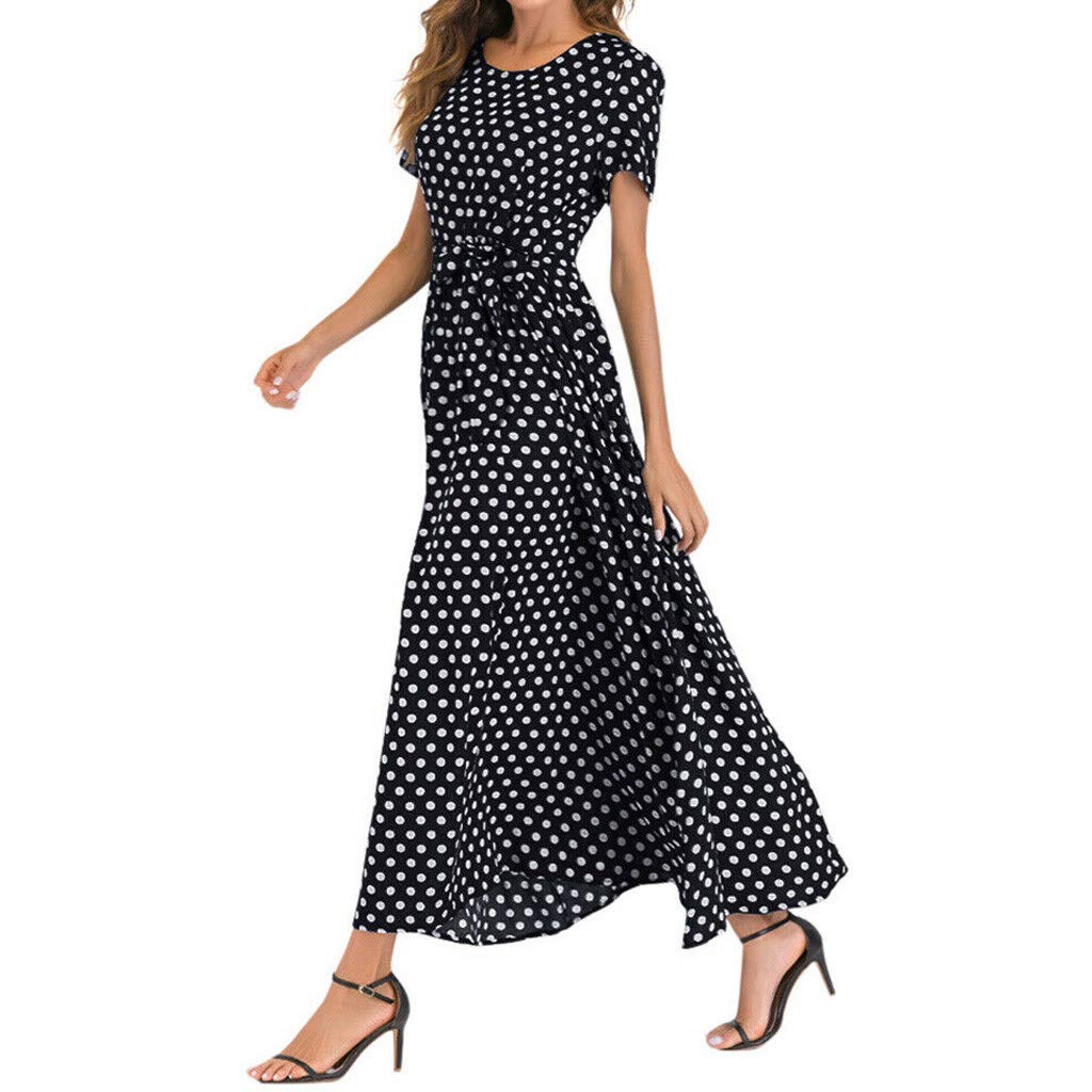 Mikilon Women Casual Boho Summer Maxi Dresses Polka Dot Short Sleeve Swing Dress with Belt