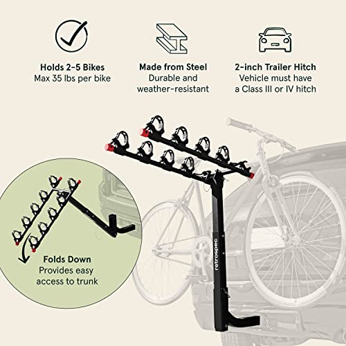 Retrospec Lenox 2-5 - Bike Hitch Rack for Cars, Trucks, SUVs with 2β Hitch | Foldable Steel Frame with Anti-Rattle Adapter, Tie Down Cradles and Straps - Fits Most Frames,Black