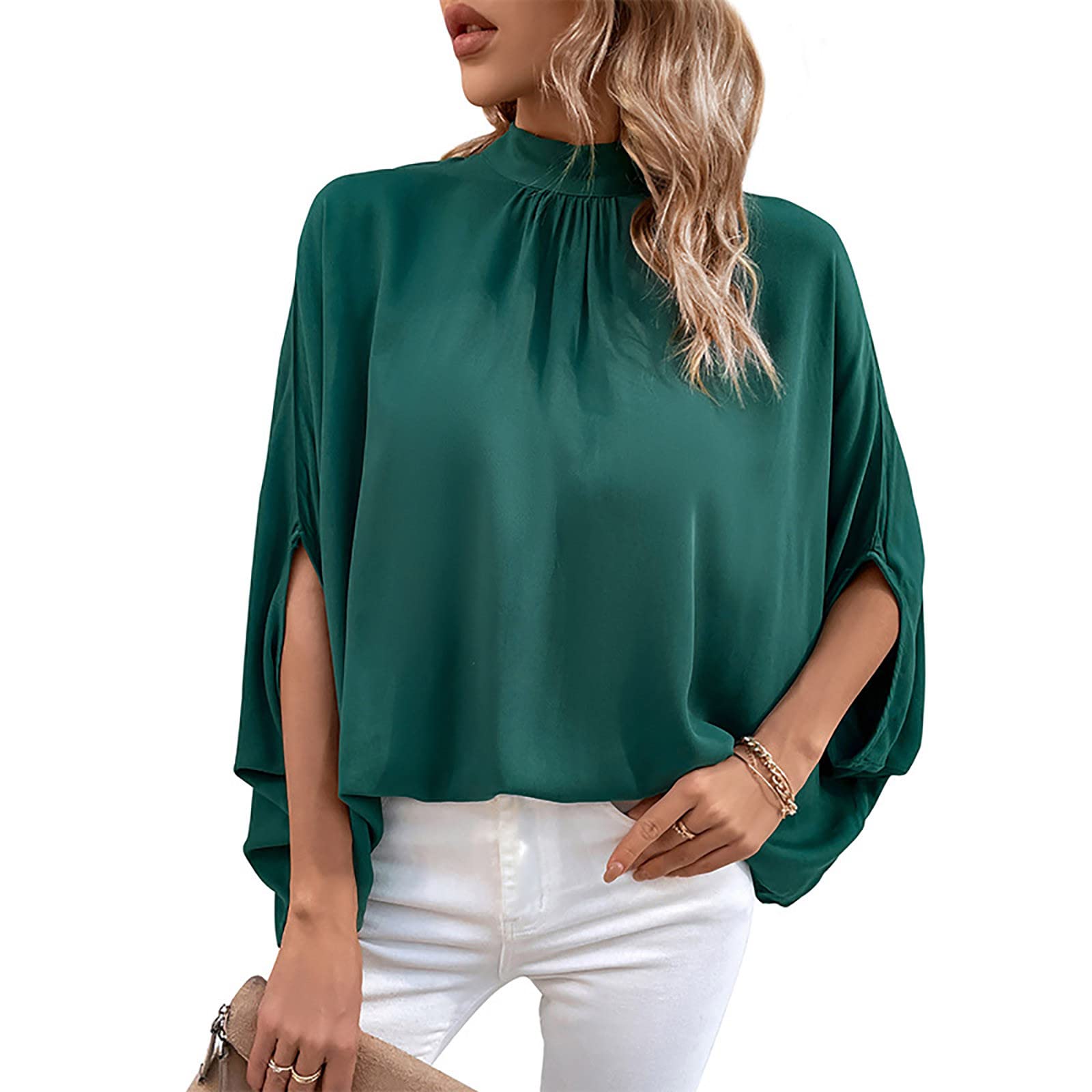 Women's Batwing Short Sleeve Summer Tops, Mock Neck Loose High Low Hem Casual Oversize Blouses Shirts Top, 2023 Spring Oversize Blouses Cape Shirt Chiffon Blouse
