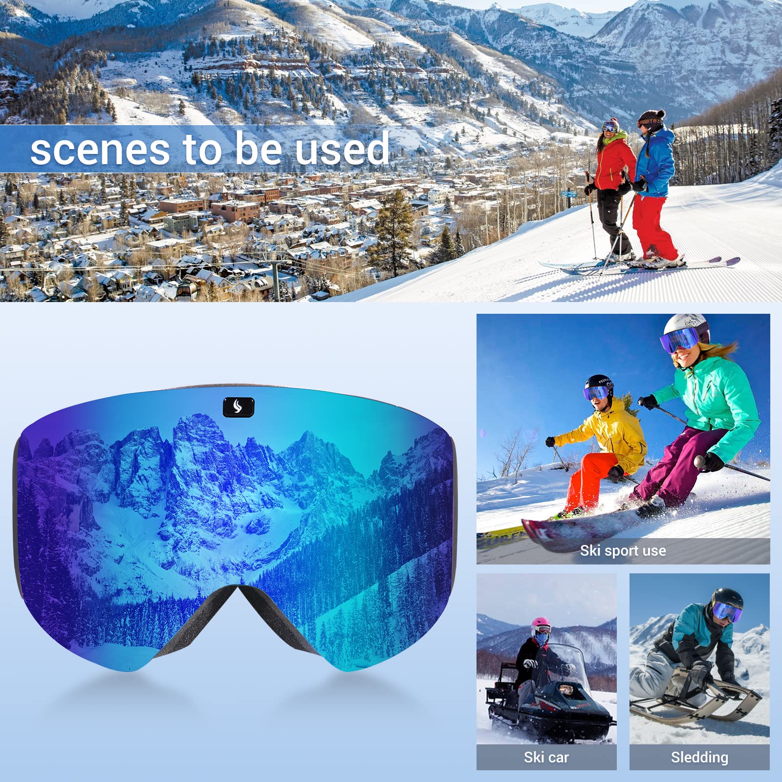 Ski Goggles,OTG Snowboard Goggles,Magnetic Interchangeable Lens,Anti-Fog 100% UV Protection Goggles for Men and Women(Blue),One Size