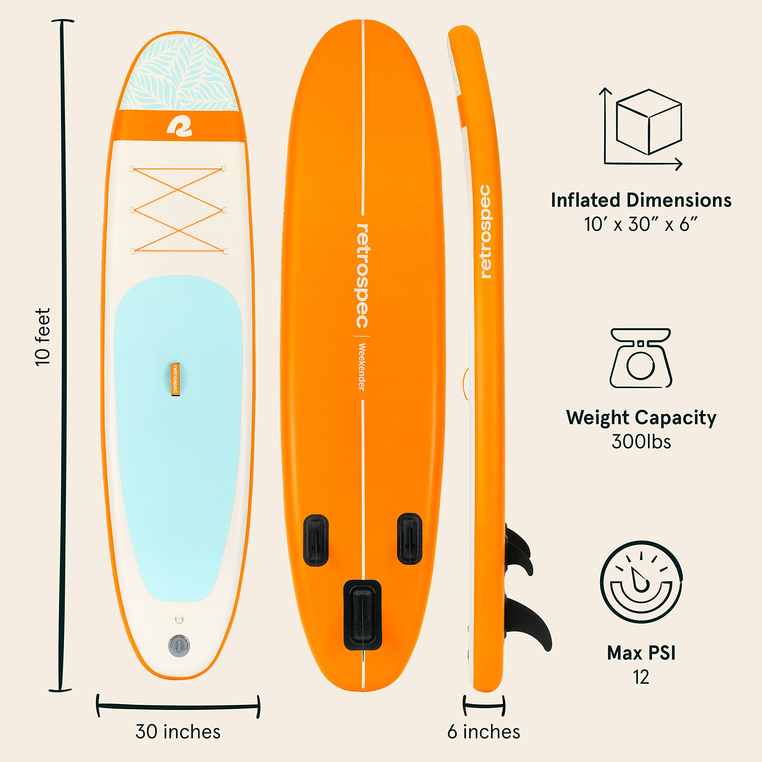 Retrospec Weekender 10' Inflatable Stand Up Paddleboard iSUP Bundle with Carrying Case, 3 Piece Adjustable Aluminum Paddle, 3 Removable Fins, Pump, and Cell Phone Case