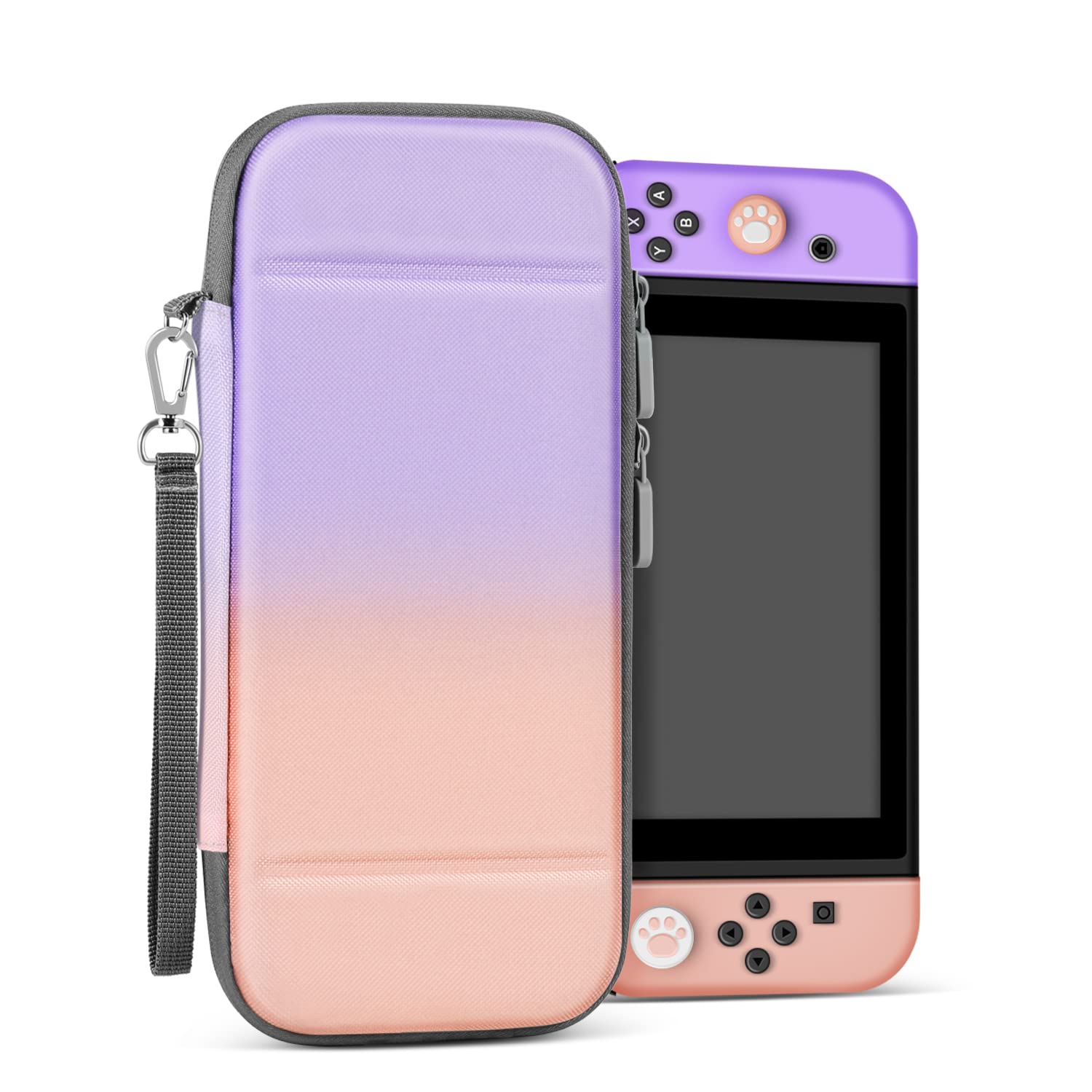TNP Carrying Case For Nintendo Switch - Easy Carry Switch OLED Travel Case With Removable Wristlet Strap, Slim Case for Nintendo Switch with 10 Game Card Storage & 4x Thumb Grip Caps, Pink Purple