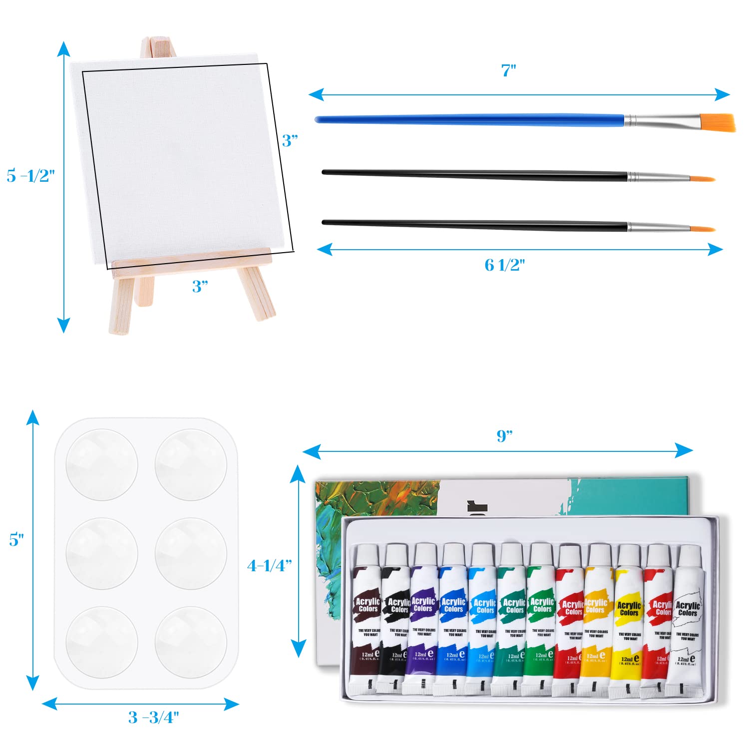 Mini Canvas and Easel, Cridoz 47 Pieces Mini Canvas Painting Set Includes 4x4 Inches Primed Canvas, Mini Easel, Acrylic Paint, Paintbrushes and Palette for Kids Artists Art Party