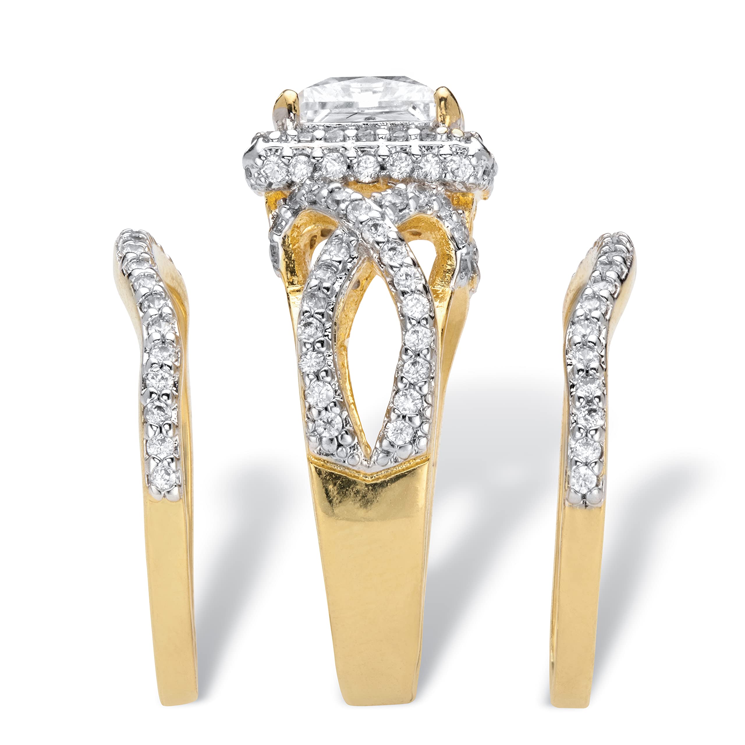 PalmBeach Yellow Gold-Plated or Platinum-Plated Sterling Silver Princess Cut Cubic Zirconia 3 Piece Halo Crossover Bridal Ring Set Size 9