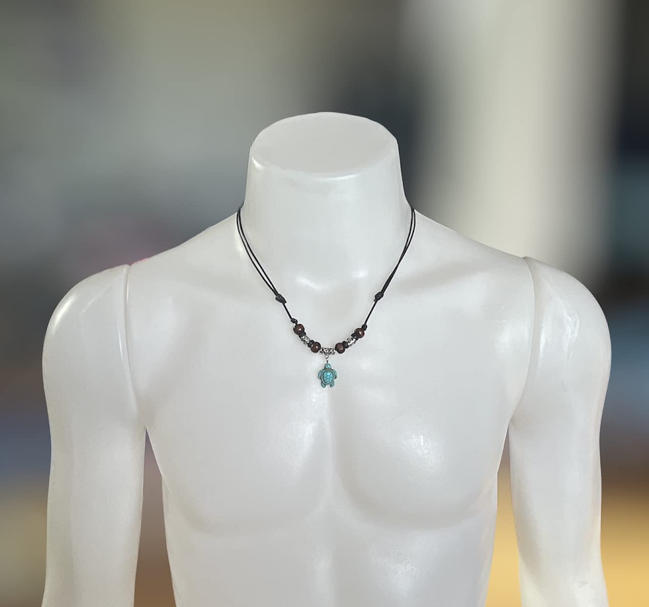 Nove Jewelry Leather Hawaiian Sea Turtle Necklace - Bone Beaded Necklace - Wood Bead and Adjustable Cord