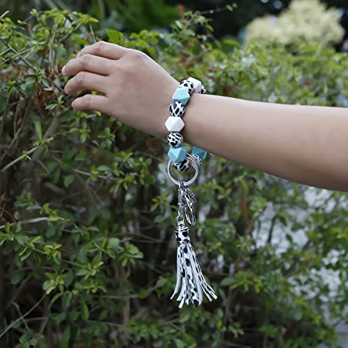 NYNPPUE Cow Print Silicone Beaded Wristlet Bracelet Keychain,Leather Tassels Car Keychain Key Ring for Women (Teal)