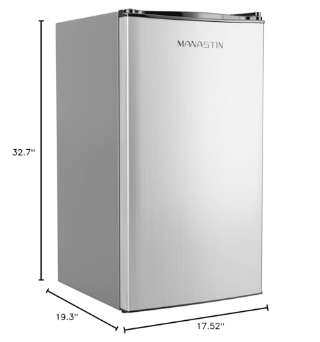 Manastin 3.2 Cu. Ft Mini Fridge with Freezer for Bedroom, Dorm, Office, Compact Refrigerator with Adjustable Thermostat, Removable Glass Shelves and Reversible Door (Silver)