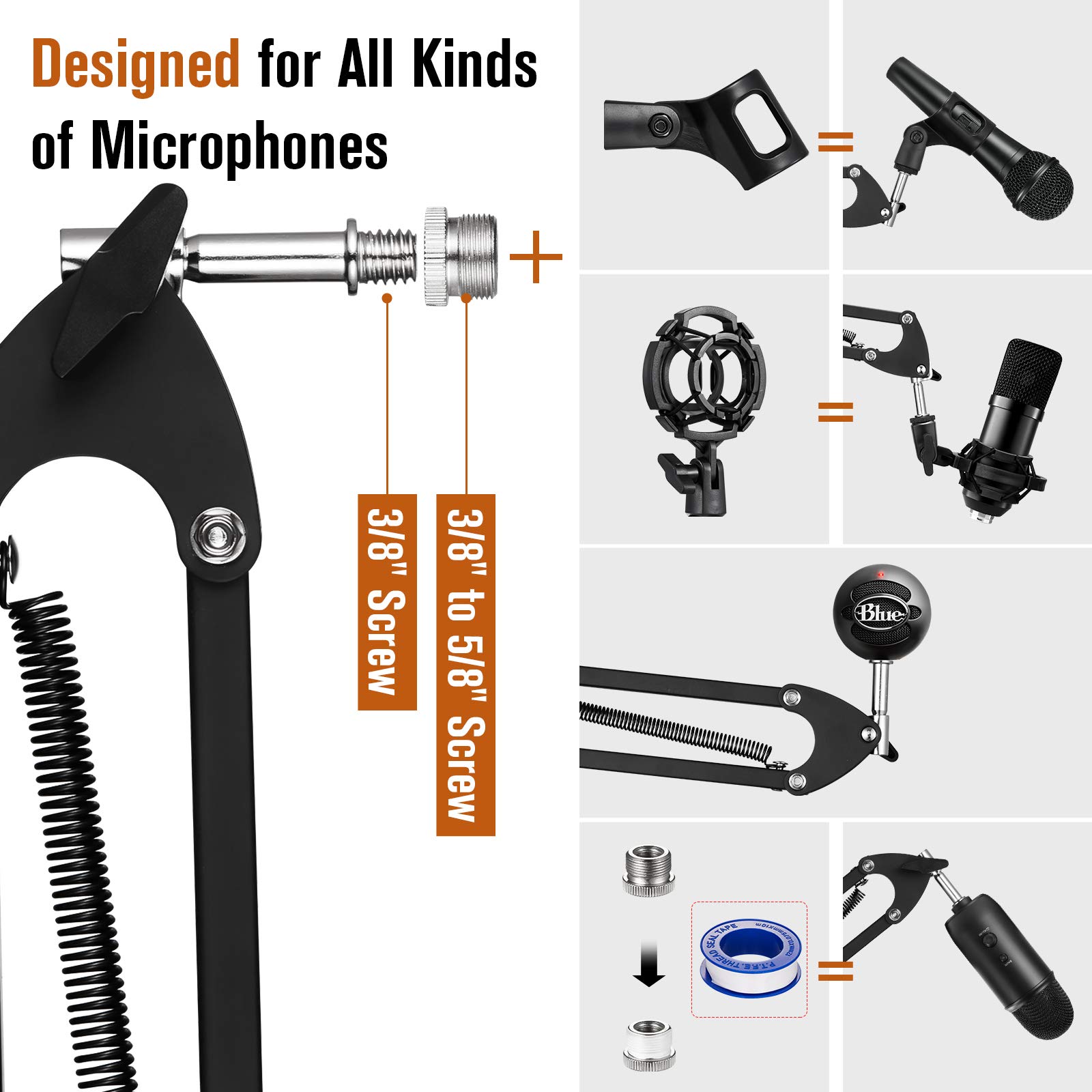 Microphone Stand, EJT Multi-Accessories Adjustable Boom Arm, Mic Stand for Blue Yeti Snowball and Other Mics(Upgrated)