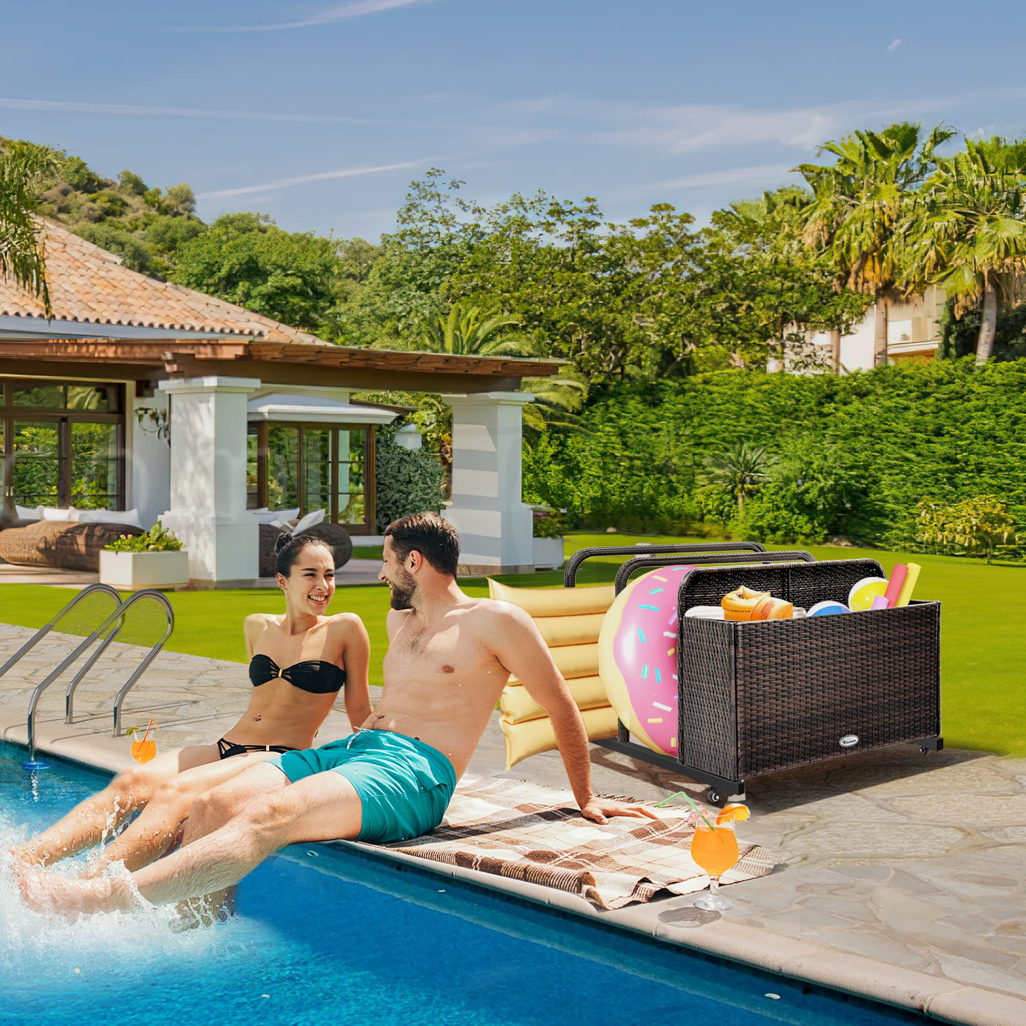 YITAHOME Outdoor Wicker Patio Poolside Float Storage, PE Rattan Rolling Pool Float Caddy for cushions, Floaties, Noodles, Life Vests, Beach Balls, Toys, Patio Furniture (Brown)