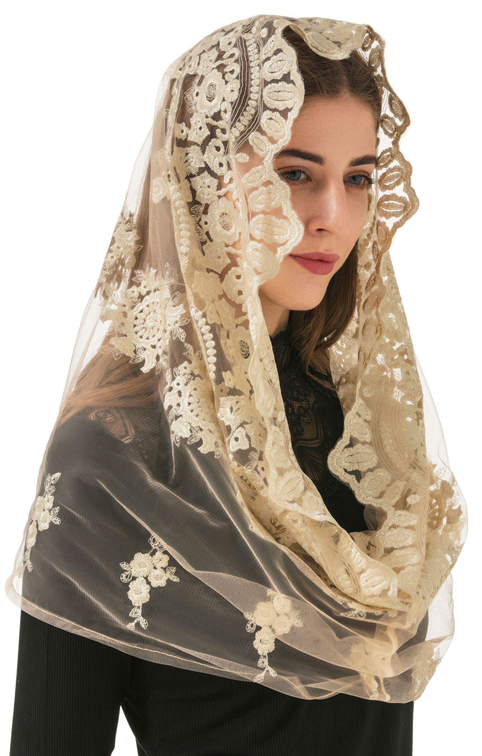 PAMOR Gold Embroidered Traditional Vintage Inspired Infinity Veil Mantilla Veils Mass Head Covering