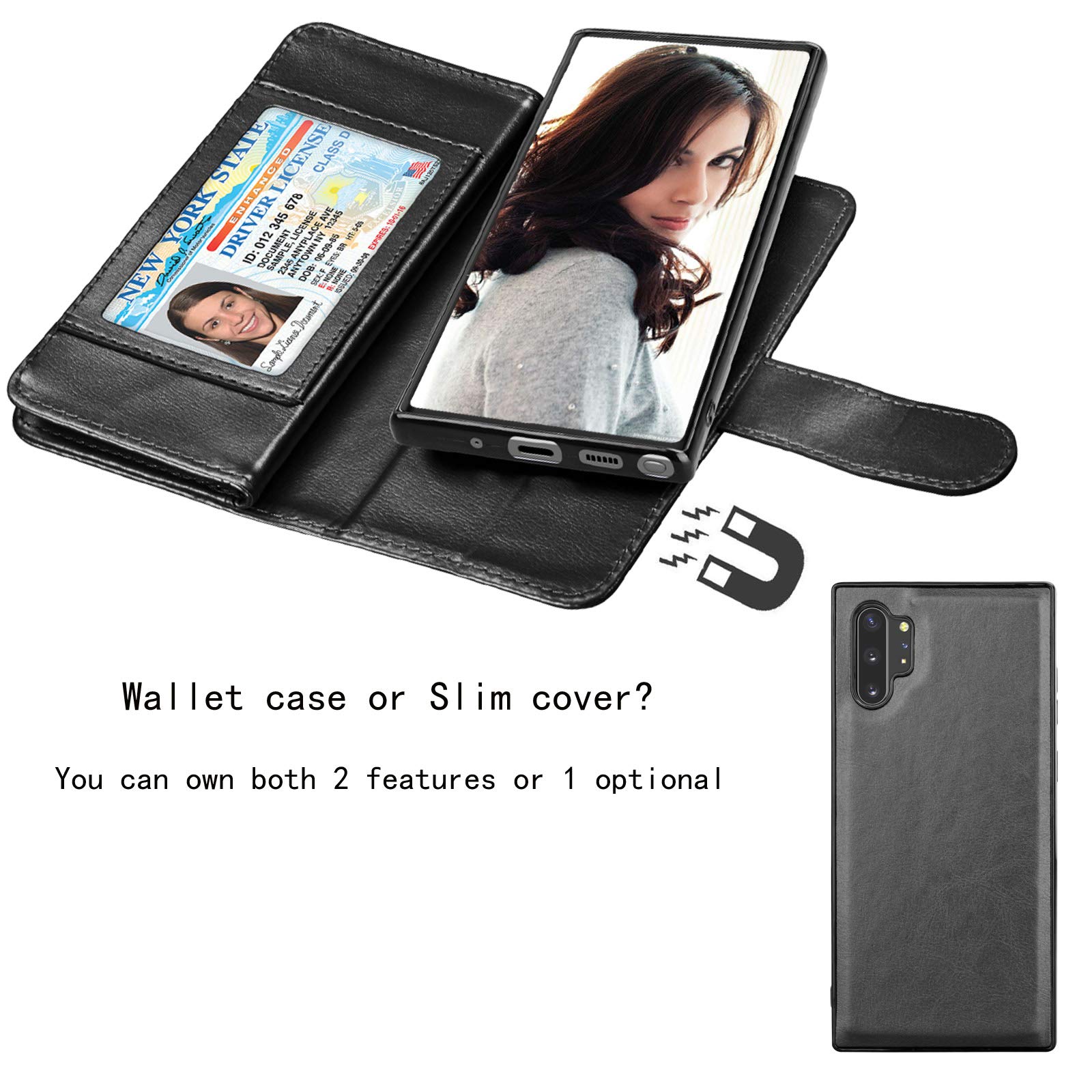 Njjex Wallet Case For Samsung Galaxy Note 10 Plus, For Galaxy Note 10+ Plus 5G Case, [9 Card Slots] PU Leather ID Credit Holder Folio Flip [Detachable] Kickstand Magnetic Phone Cover & Lanyard [Black]