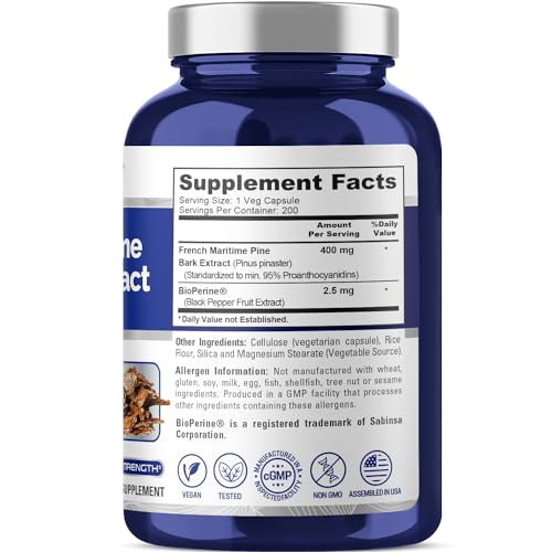 NusaPure French Maritime Pine Bark Extract 400mg per Veggie Caps 200-Day Supply Bioperine Non-GMO Vegan