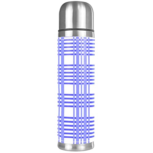 Stainless Steel Leather Vacuum Insulated Mug Purple Plaid Thermos Water Bottle for Hot and Cold Drinks Kids Adults 16 Oz