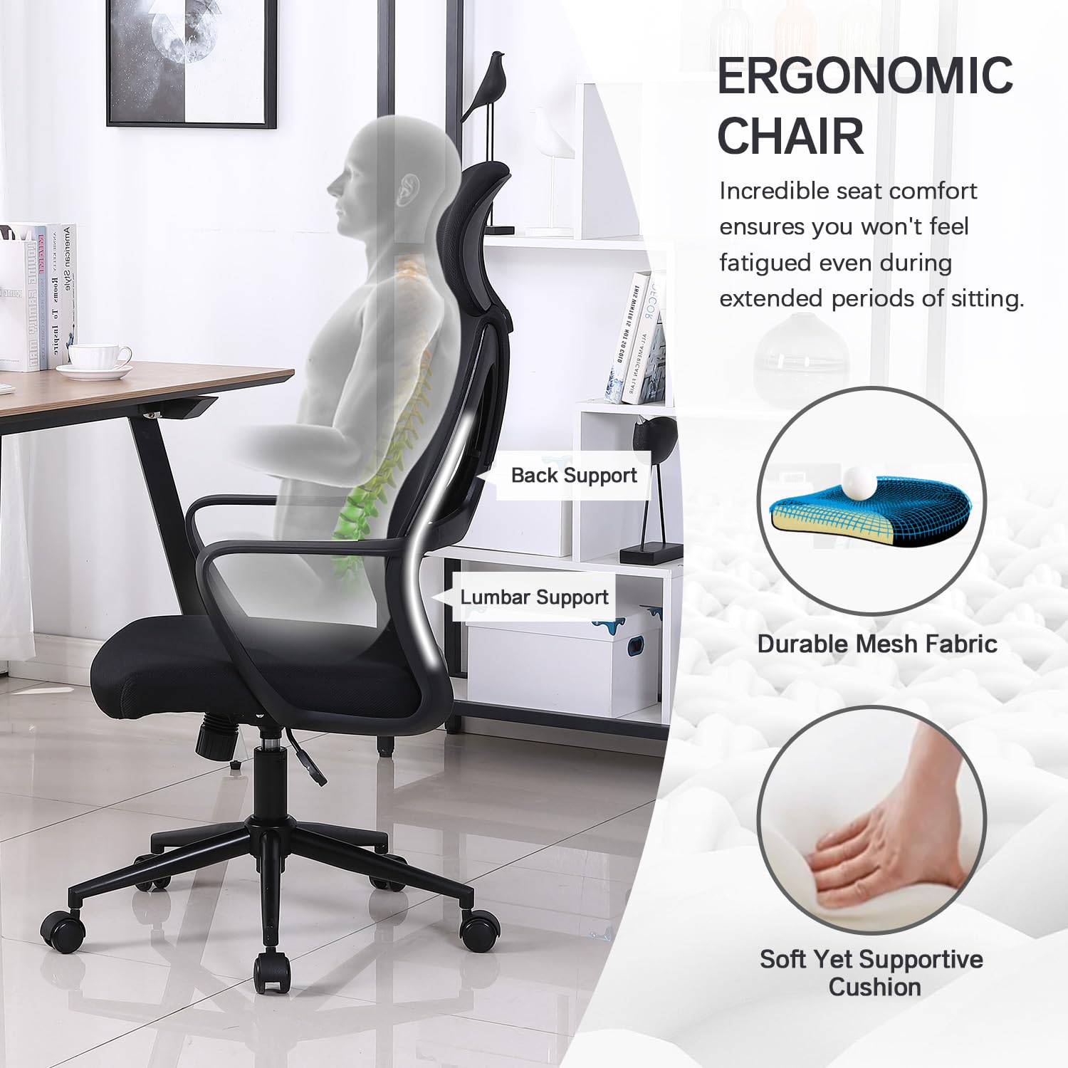 Nusetx Ergonomic Office Desk Chair - High-Back Adjustable Height Computer Chair with Lumbar Support, Armrests, Headrest, and Reclining Function, Swivel Executive Task Chair, Black