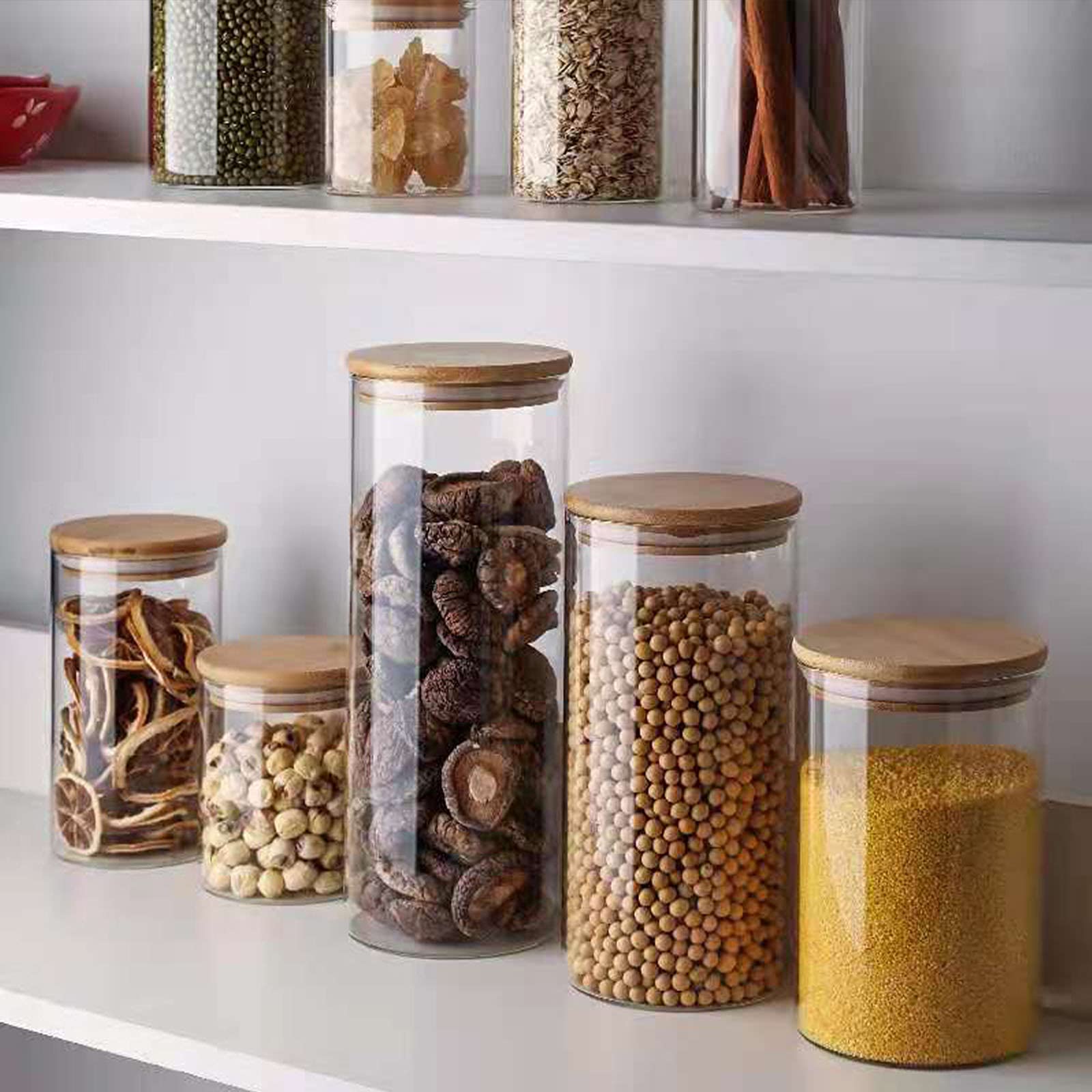 UNIQUE PR Pyrex Glass Food Storage Containers - Bamboo Lids for Airtight Pantry Organization for Kitchen, Set of 5,Organizing Spice Flour Coffee Bean, Flour & Spaghetti