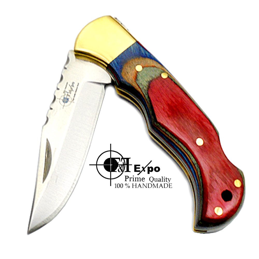Multi Wood 6.5'' Handmade Stainless Steel Folding Pocket Knife Brass Bloster With Back Lock 100% Top Quality