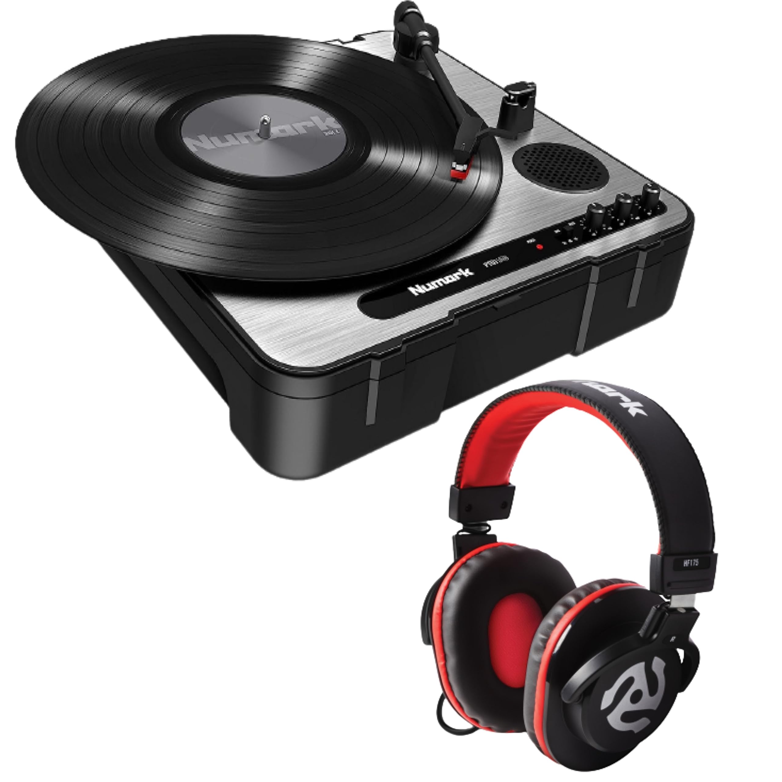 Numark PT01USB and Numark HF175 - Portable Vinyl Record Player, USB Turntable with Built in Speaker, Power via Battery and DJ Headphones