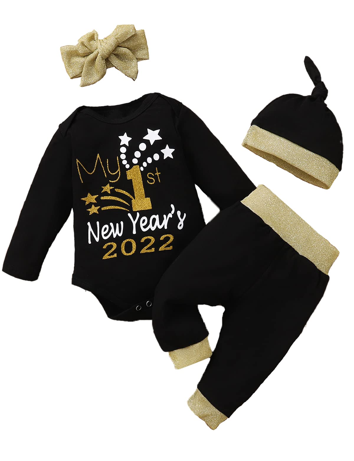Shalofer 4Pcs Outfit Set Baby Boy Girl My First New Year Romper (Black-2022,12-18 Months)