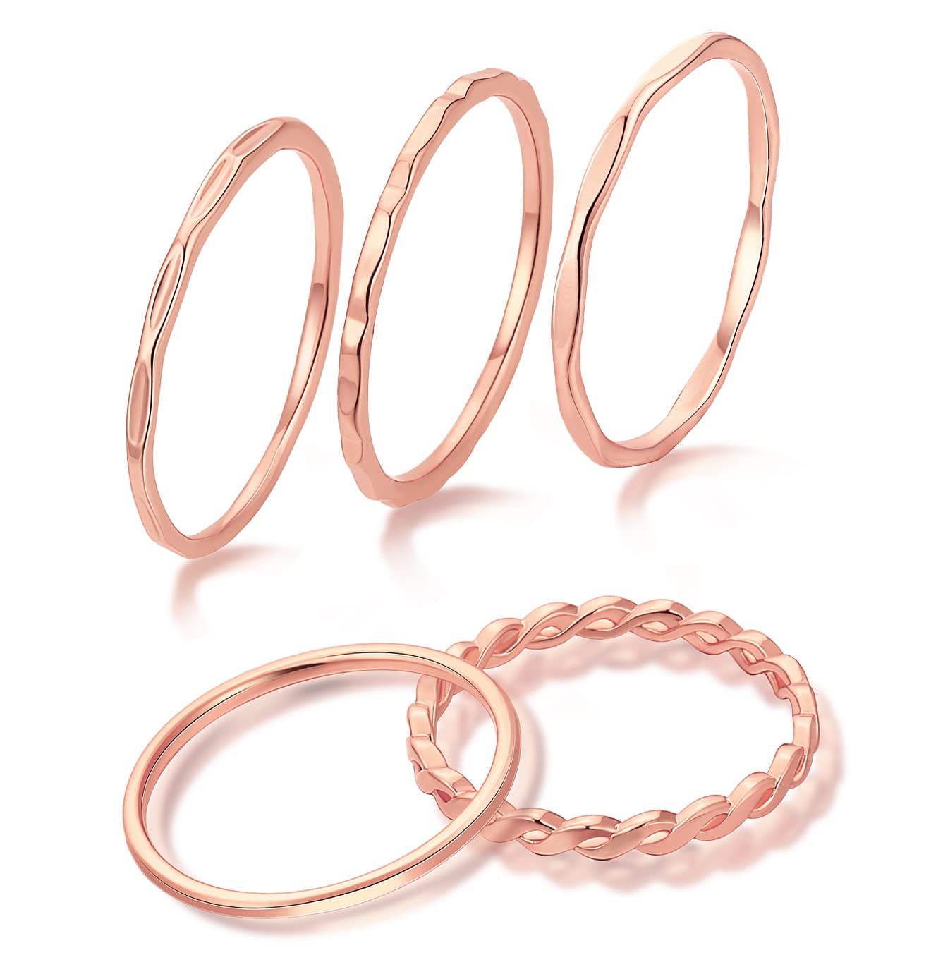 TOBENY 5PCS 14K Rose Gold Plated Rings Stacking Rings for Women Stackable Plain Band Ring Knuckle Thin Rose Gold Ring Size 5-9