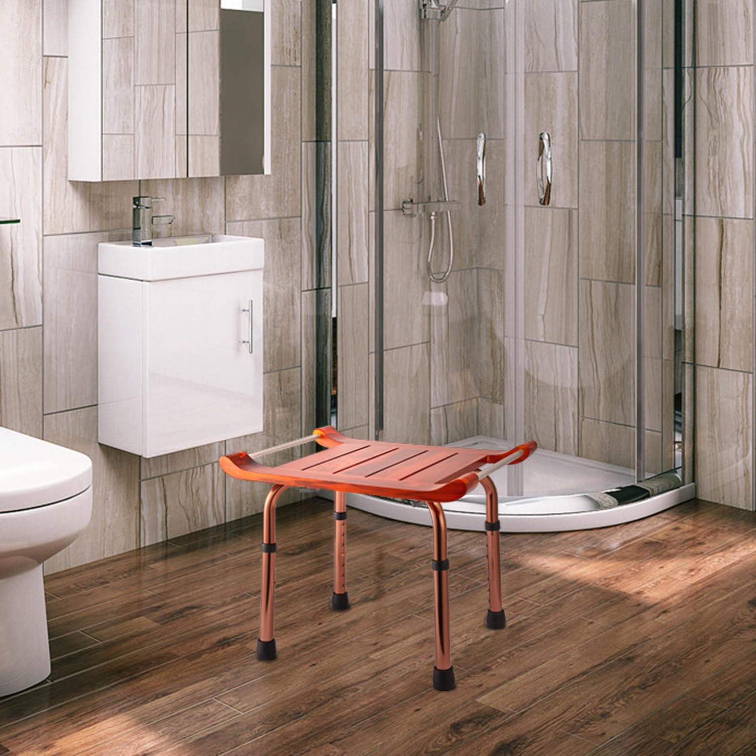 Teak Shower Bench Stool Chair Seat with Handles, Shower Benches Stool Chair Seat for Inside Shower, Height Adjustable Waterproof for Adults Elderly