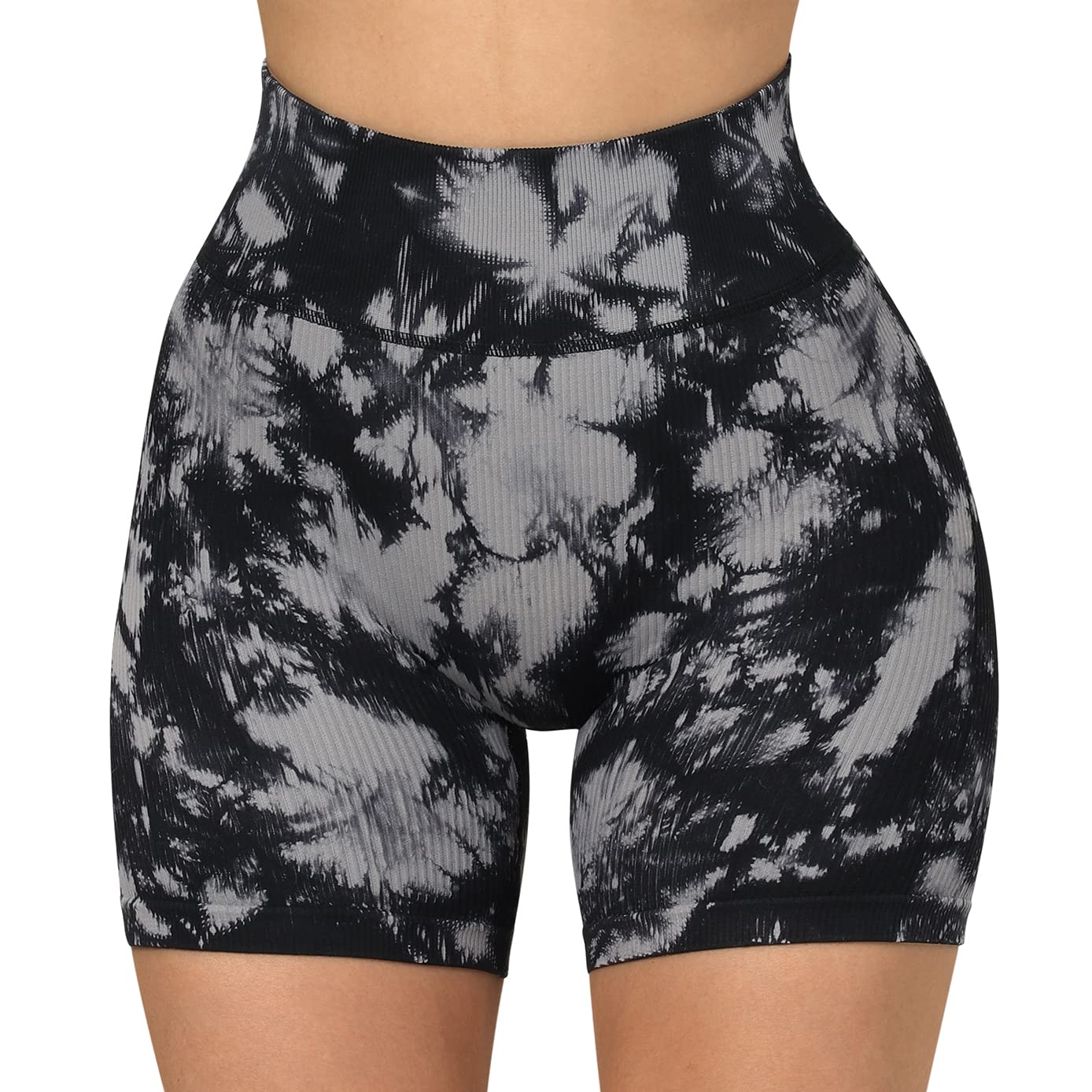 OMKAGI Women Ribbed Seamless Workout Shorts Soft Squat Proof High Waisted Biker Shorts(S,SL717-Black Grey Tie Dye-3inch)