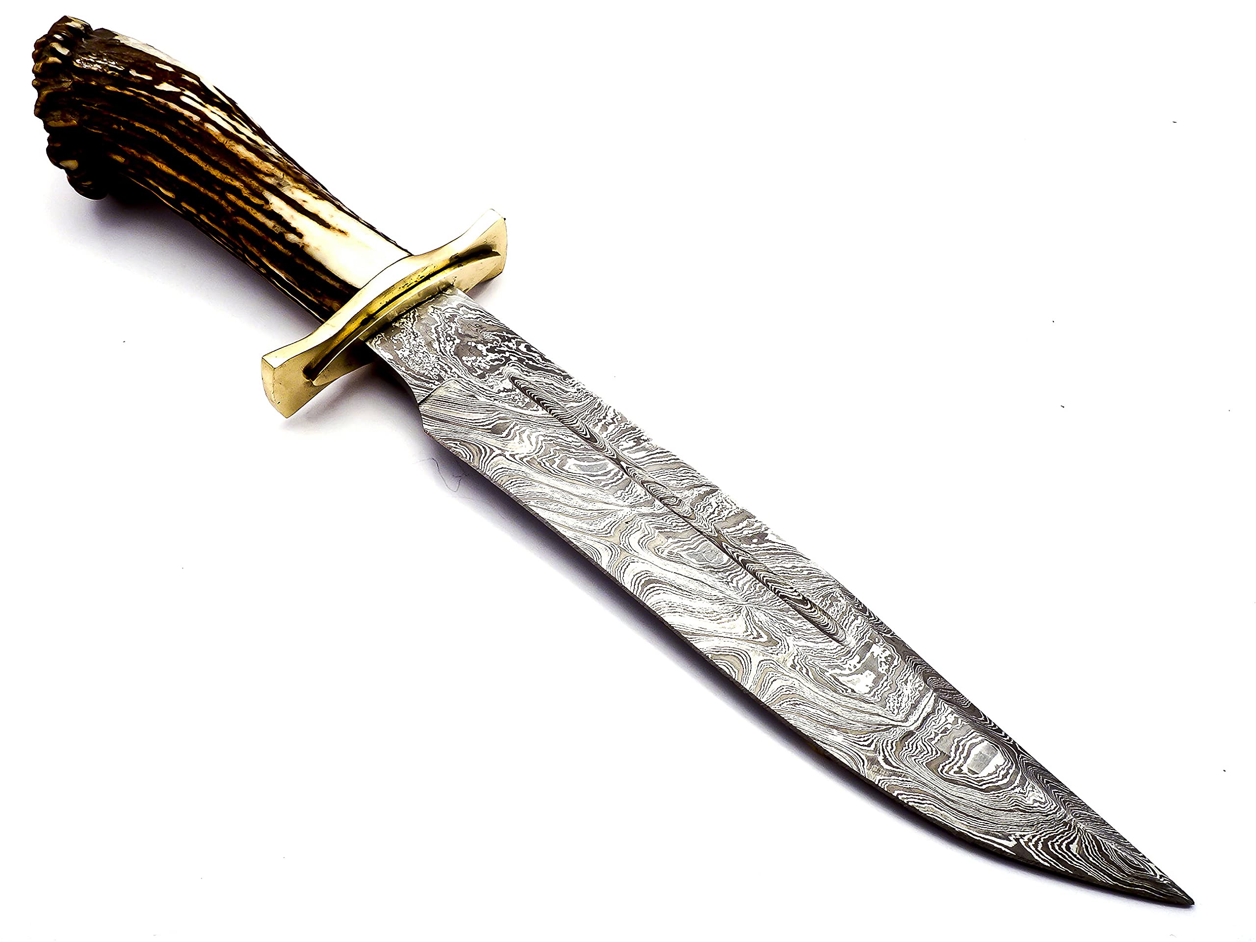 Skokie Knives Damascus Steel Bowie Knife Bull Horn Handle with & Brass Guard β16β Handmade Premium Quality Sharp Edge Fix Blade -Genuine Multipurpose Knife Ideal for Hunting, Camping (Stage B)