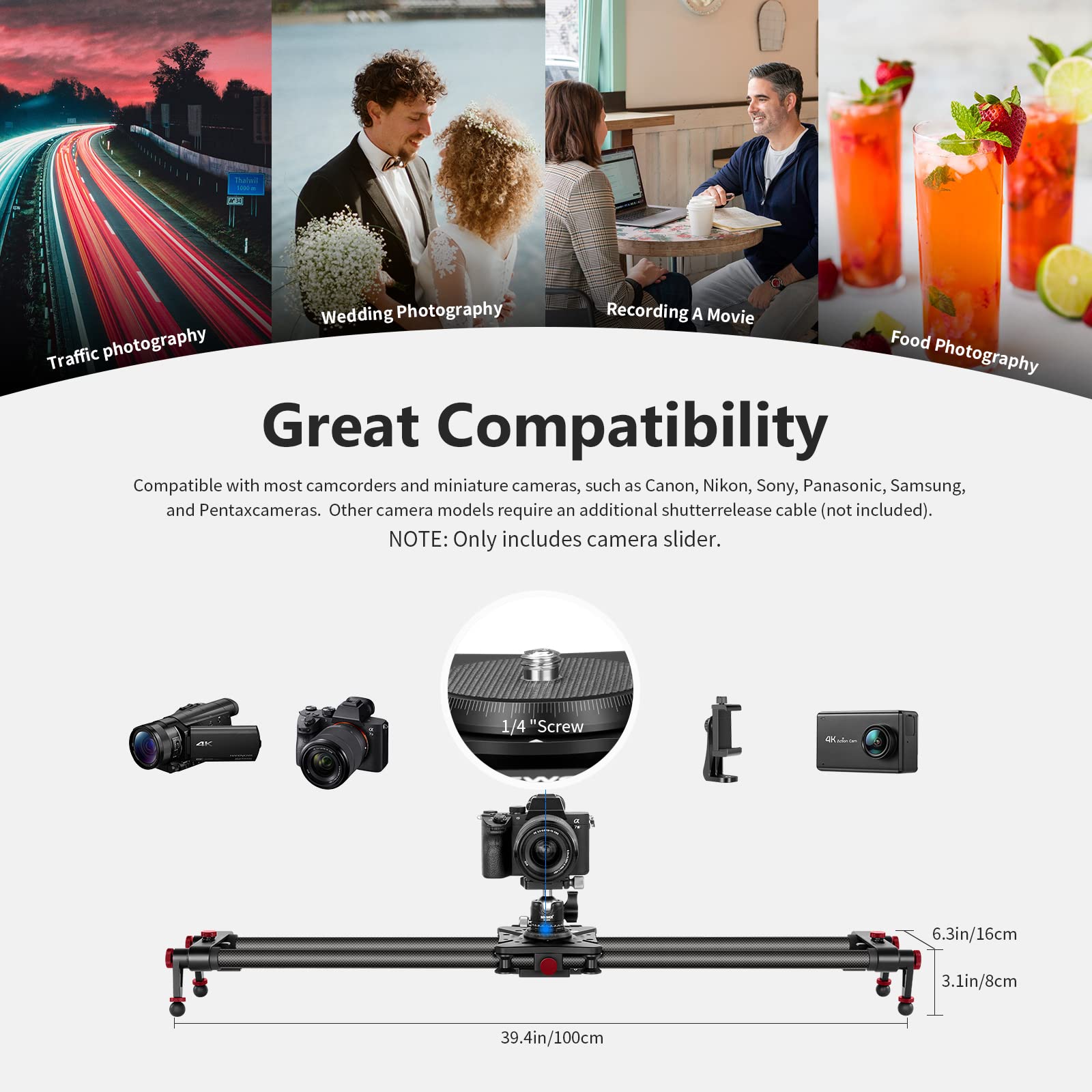 NEEWER 39.4"/100cm Motorized Camera Slider with 2.4G Wireless Control, Carbon Fiber Wireless Camera Slider Supports Video Mode, Time Lapse Photography, Horizontal Tracking and 120° Panoramic Shooting