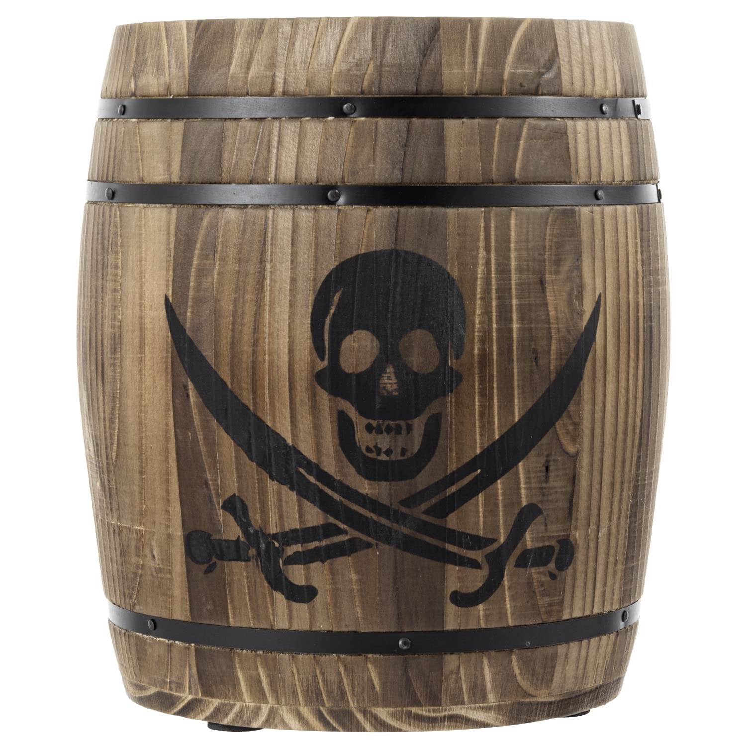 MyGift Rustic Burnt Wood Pirates Rum Cask Style Kitchen Utensil Crock, Vintage French Wine Barrel Cooking Tools Holder with Skull and Cutlass Sword Design