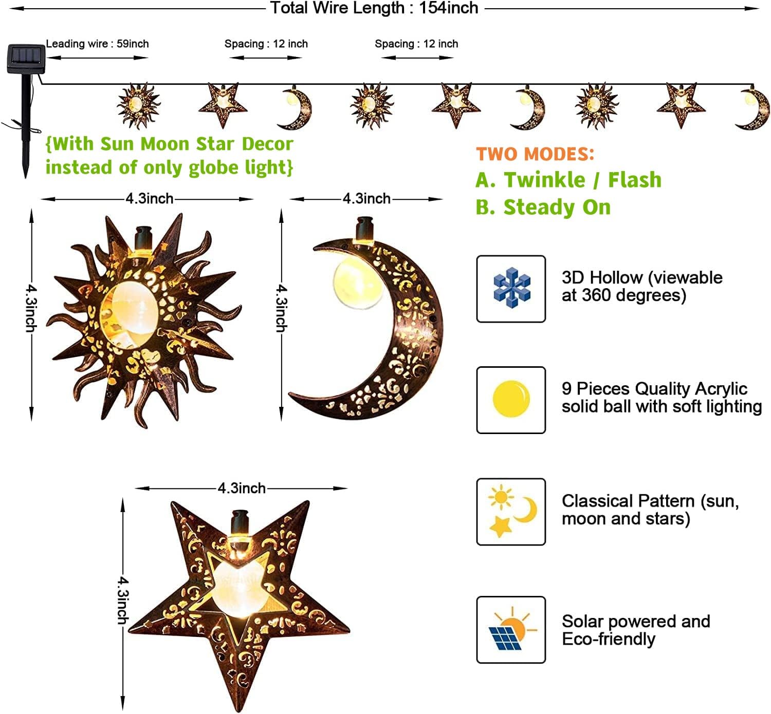 Solar String Lights Outdoor Star Moon Sun 13Ft 153In Led Solar Powered Fairy Decorative Lights for Garden Patio Yard Wedding Party (Warm White) (Moon String Lights)