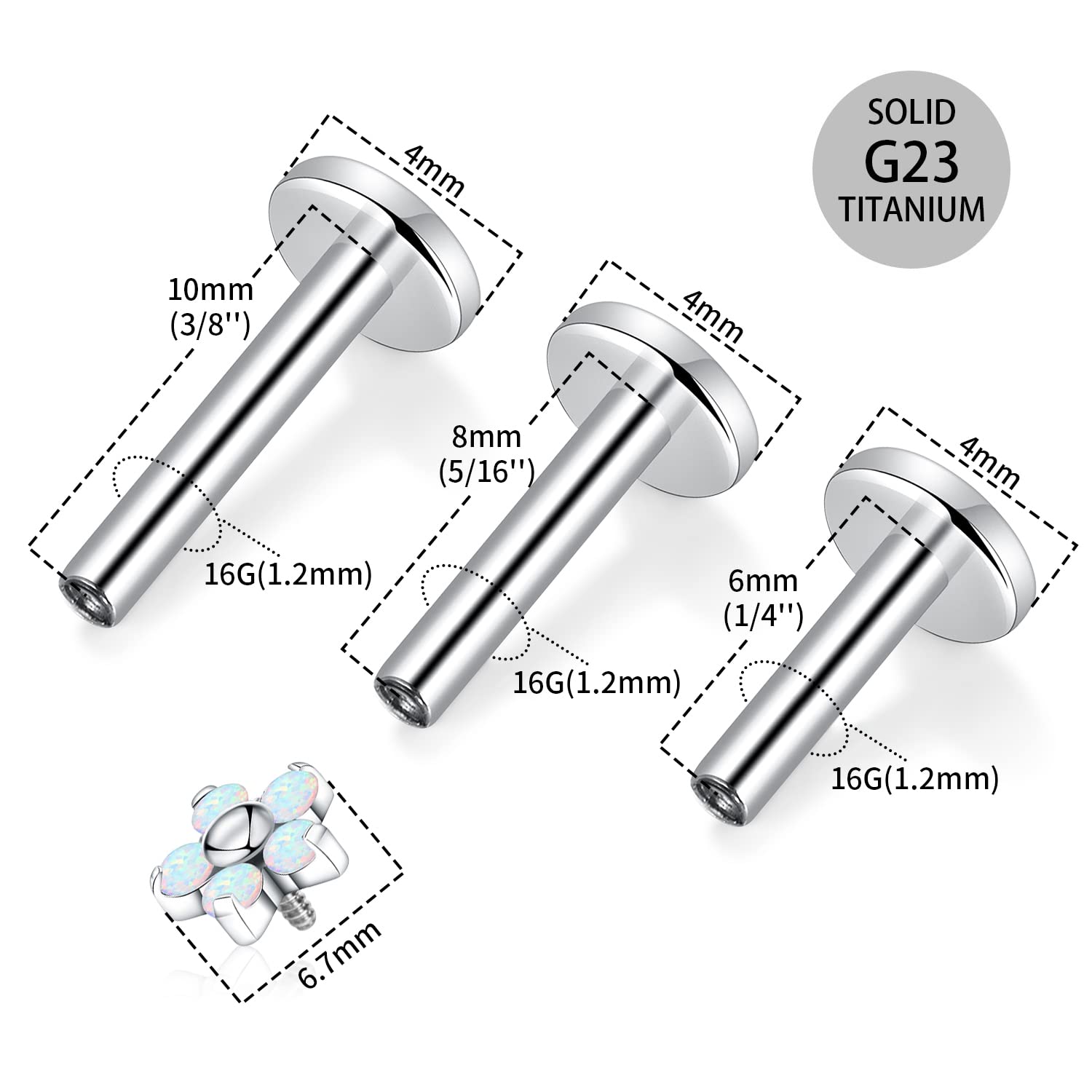 Tragus Piercing Jewelry Cartilage Earring Lip Studs G23 Titanium Earrings Silver Stud Conch Piercing Jewelry Helix Earrings Stud Flower Opal End with 16g 6mm 8mm 10mm Internally Threaded Labret Post
