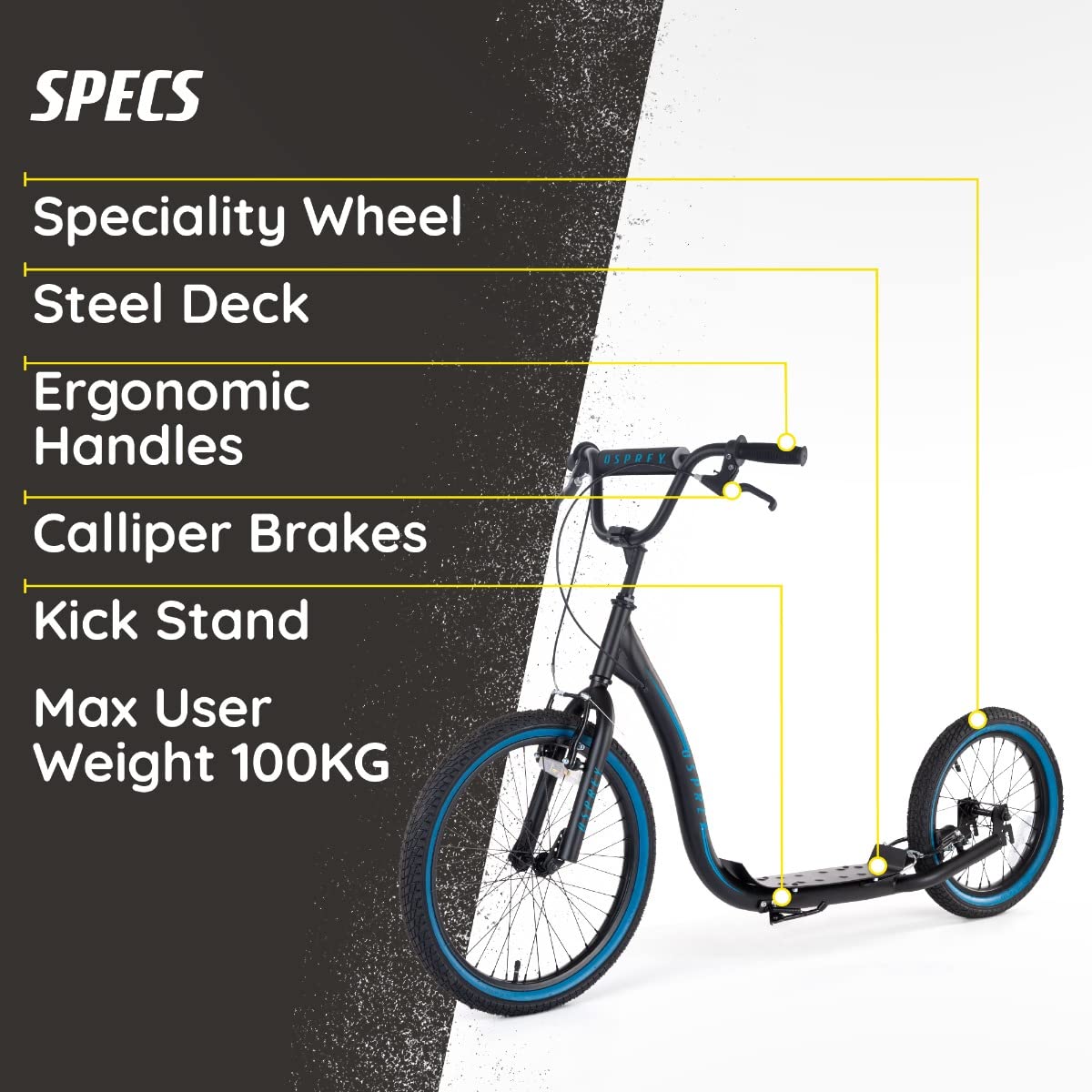 Osprey BMX Scooter | Adult Scooter with Big Wheels, Adjustable Handlebars and Off-Road Calliper Brakes, Black