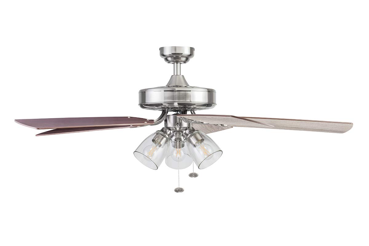 Prominence Home Saybrook, 52 inch Indoor Farmhouse LED Ceiling Fan with Light, Pull Chain, Three Mounting Options, Dual Finish Blades, Reversible Motor - 51592-01 (Matte Nickel)