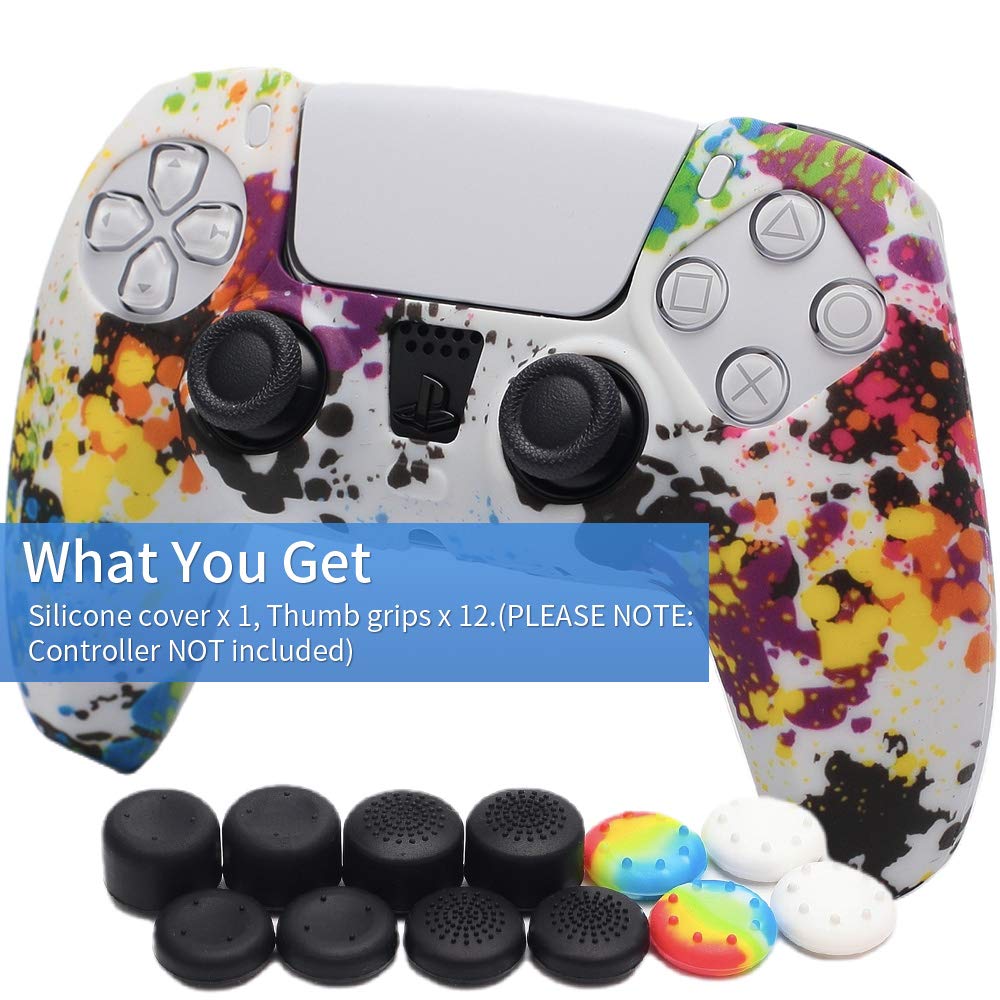 Skin Cover for Sony PS5 Dualsense Controller, White Silicone Protecte Case Printing Cool Art Spots, with Pro Thumb Grips x 12