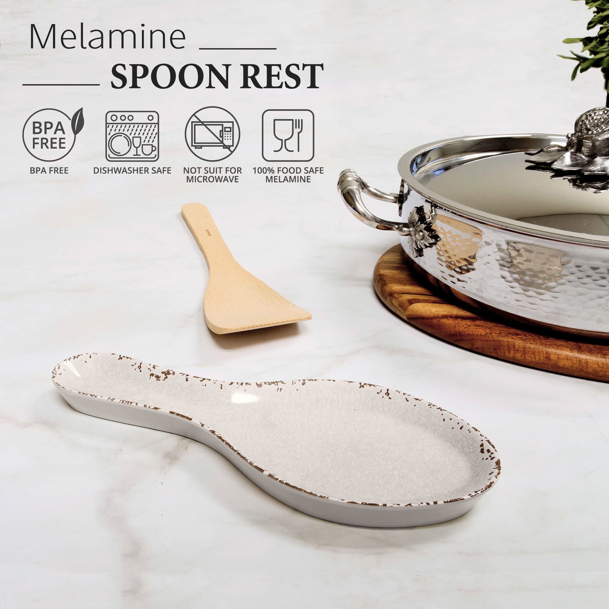 UPware Melamine Spoon Rest Spoon Holder Kitchen Utensil Holders 9.625 Inch for Kitchen Counter Dining Table (Crackle Cream)