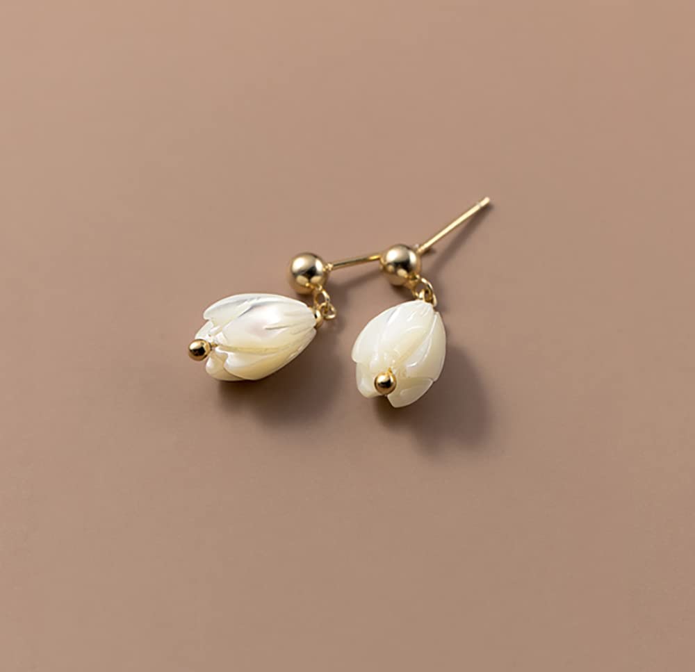 SLUYNZ 925 Sterling Silver Tulip Flower Drop Earrings for Women Flowers Dangle Earrings Shell Earrings Studs