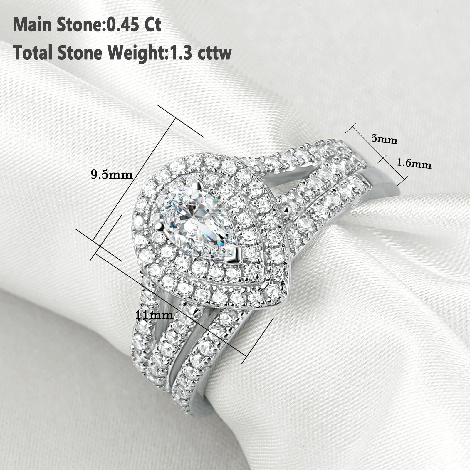 Newshe Jewellery Wedding Engagement Ring for Women Bridal Set AAAAA Cz 925 Sterling Silver 1.3Ct Pear White Size 7