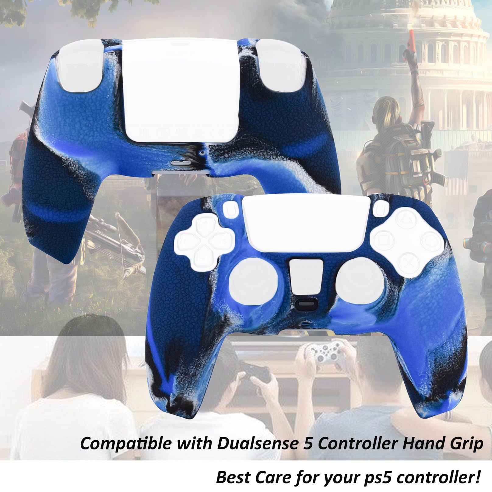 Skin for PS5 Controller Grips,Pandaren Skin Texture Pattern Cover for PlayStation 5 Sweat-Proof Anti-Slip Silicone Cover Hand Grip x 2 with 8pcs FPS Pro Thumb Stick Cap Protector(Camouflage Blue&Red)