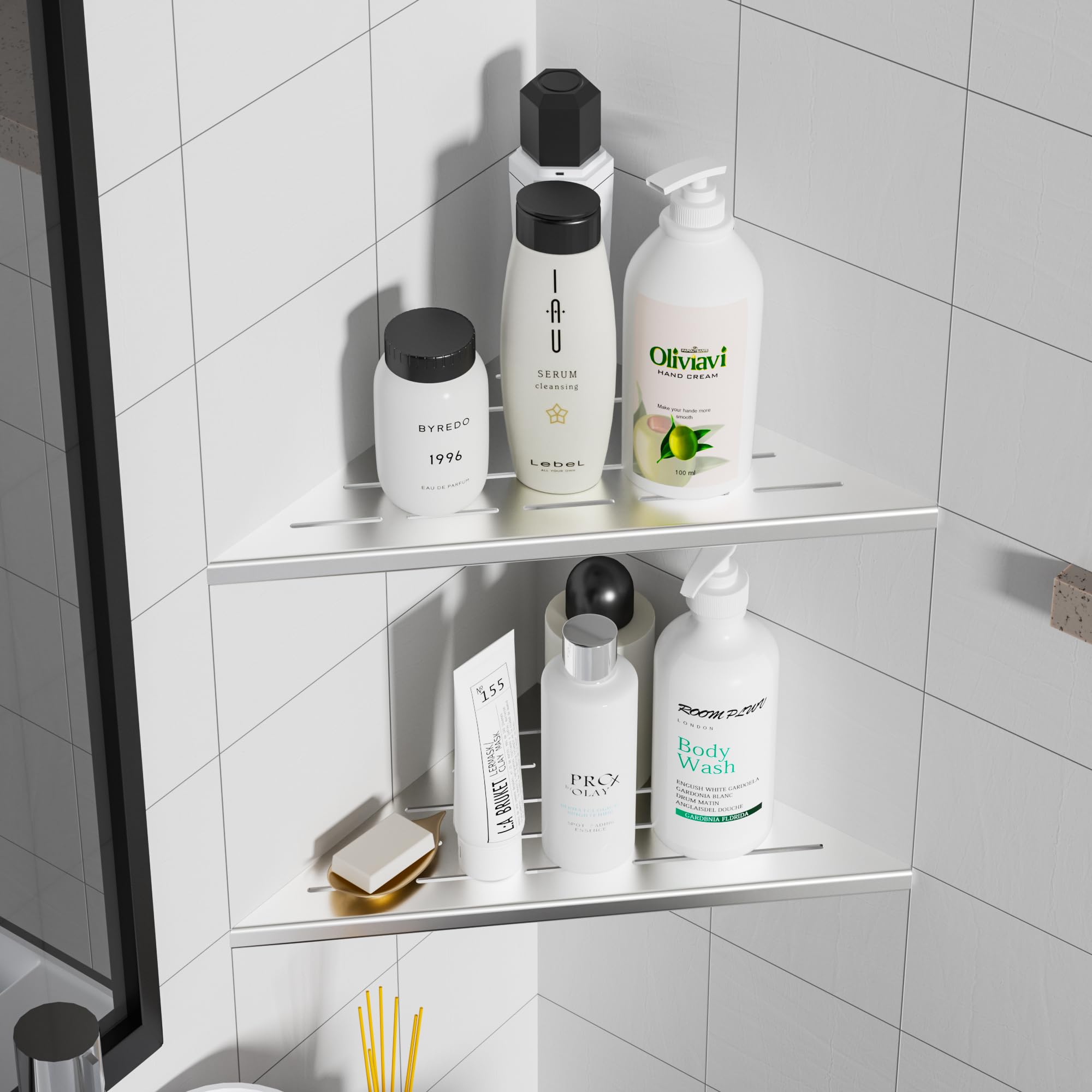 Neodrain 10β Brushed Corner Wall Shelf Set of 2, Floating Corner Shelves for Wall, 304 Stainless Steel Shower Storage Shelves for Bathroom,No Drilling