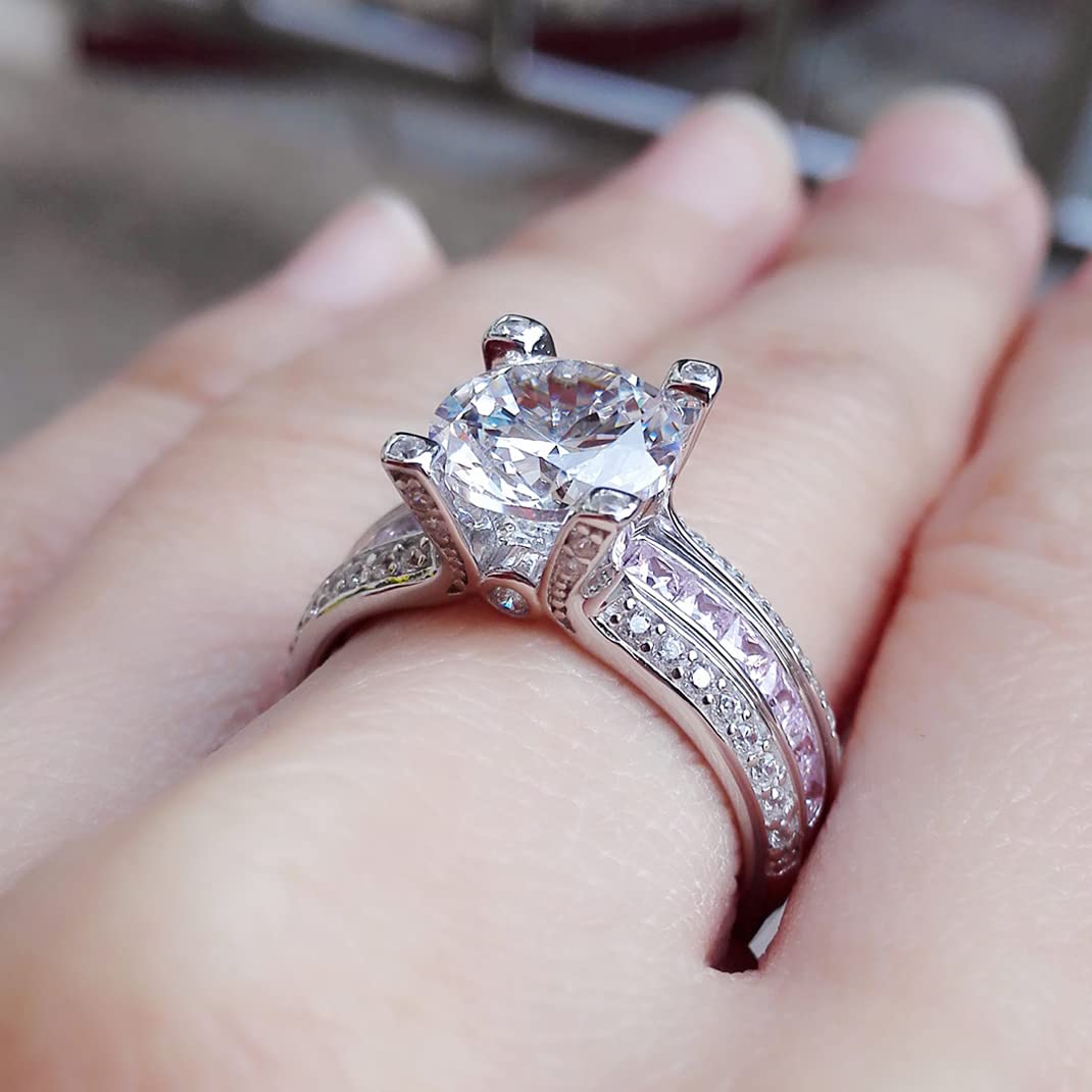 Newshe Jewellery Round Pink Cz 925 Sterling Silver Wedding Band Engagement Ring Sets Size 11