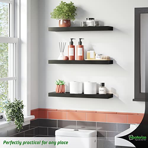 NEATERIZE Floating Shelves Set of 3 | Durable Wall Shelves with Invisible Bracket | Great Shelf for Bathroom, Bedrooms, Kitchen, Office and Living Room Décor. (Black - Small)