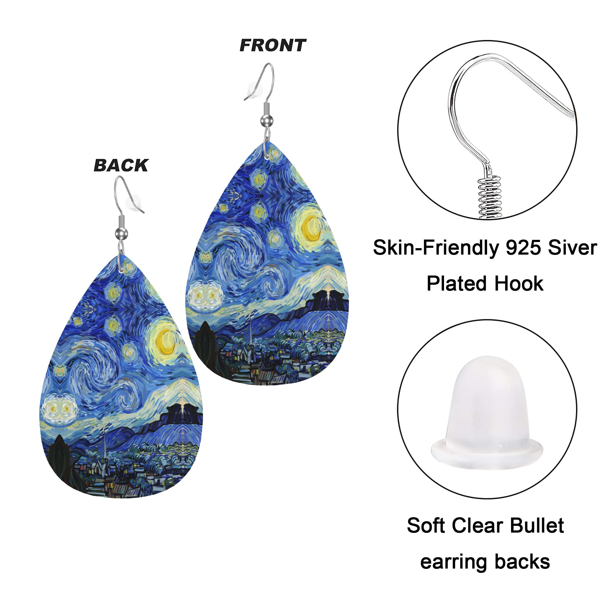 ZTHLL Leather Teardrop Earrings For Women,Van Gogh Starry Night Pattern Western Earrings For Girls Gift Drop Lightweight Dangle Earrings