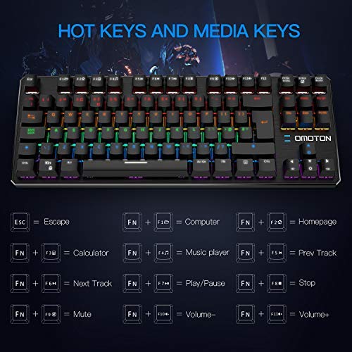 OMOTON Mechanical Gaming Keyboard, Blue Switch Rainbow Backlit Wired Keyboard, 87-Key Anti-Ghosting Tenkeyless Keyboard for PC, Desktop, Gamer Computer, Black