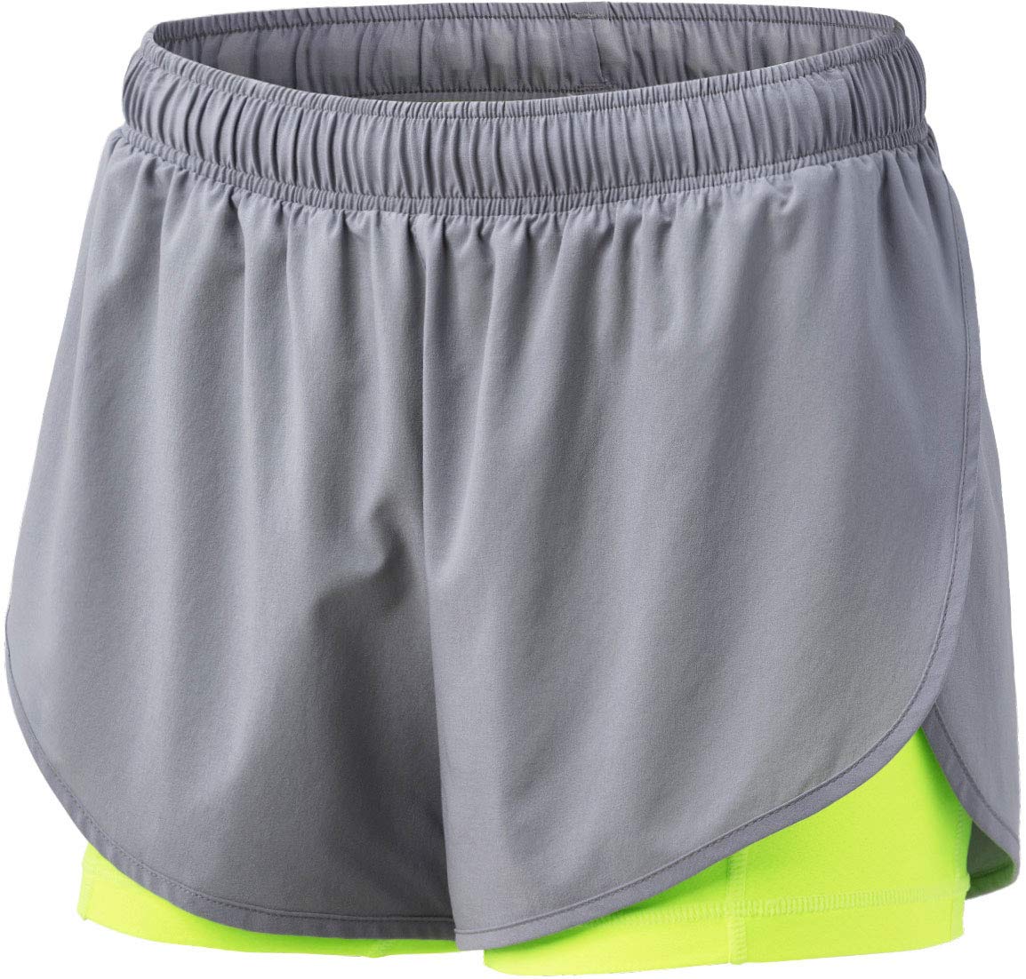 TSLA Women's Running Shorts, Dry Fit Active Sports Workout Shorts, Gym Exercise Athletic Short with Pockets, Paceshorts 2in1 Light Grey & Neon Yellow, Small