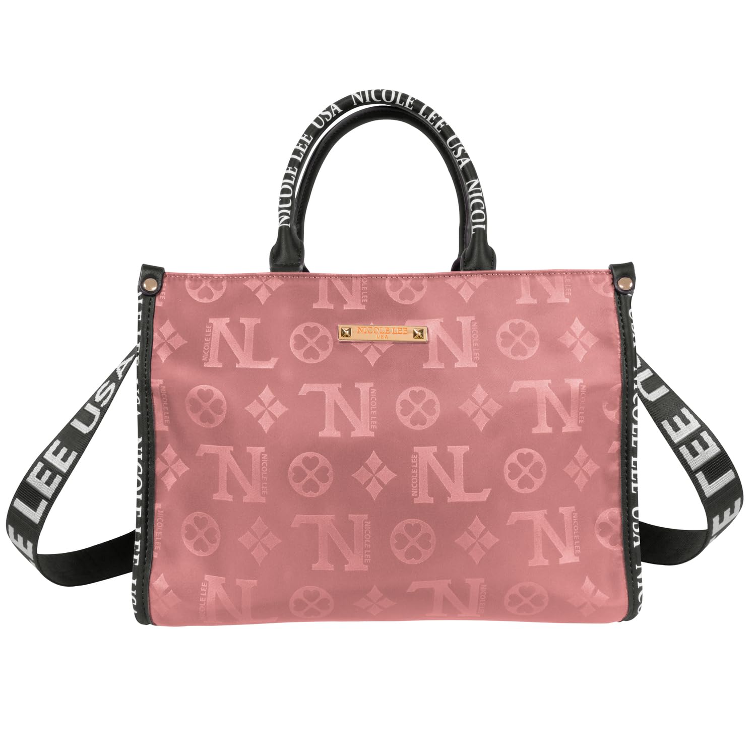Nicole Lee Keysha Nylon Satchel with Fashion Designer Monogram Logo Print, 3 Spacious Compartments, Water-Resistant (PINK)