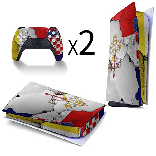 Vatican and Croatia Flag on Cracked Wall Full Protective Skin Cover Design Wrap Decal Sticker Compatible with PS5 Digital Edition Console and Controller