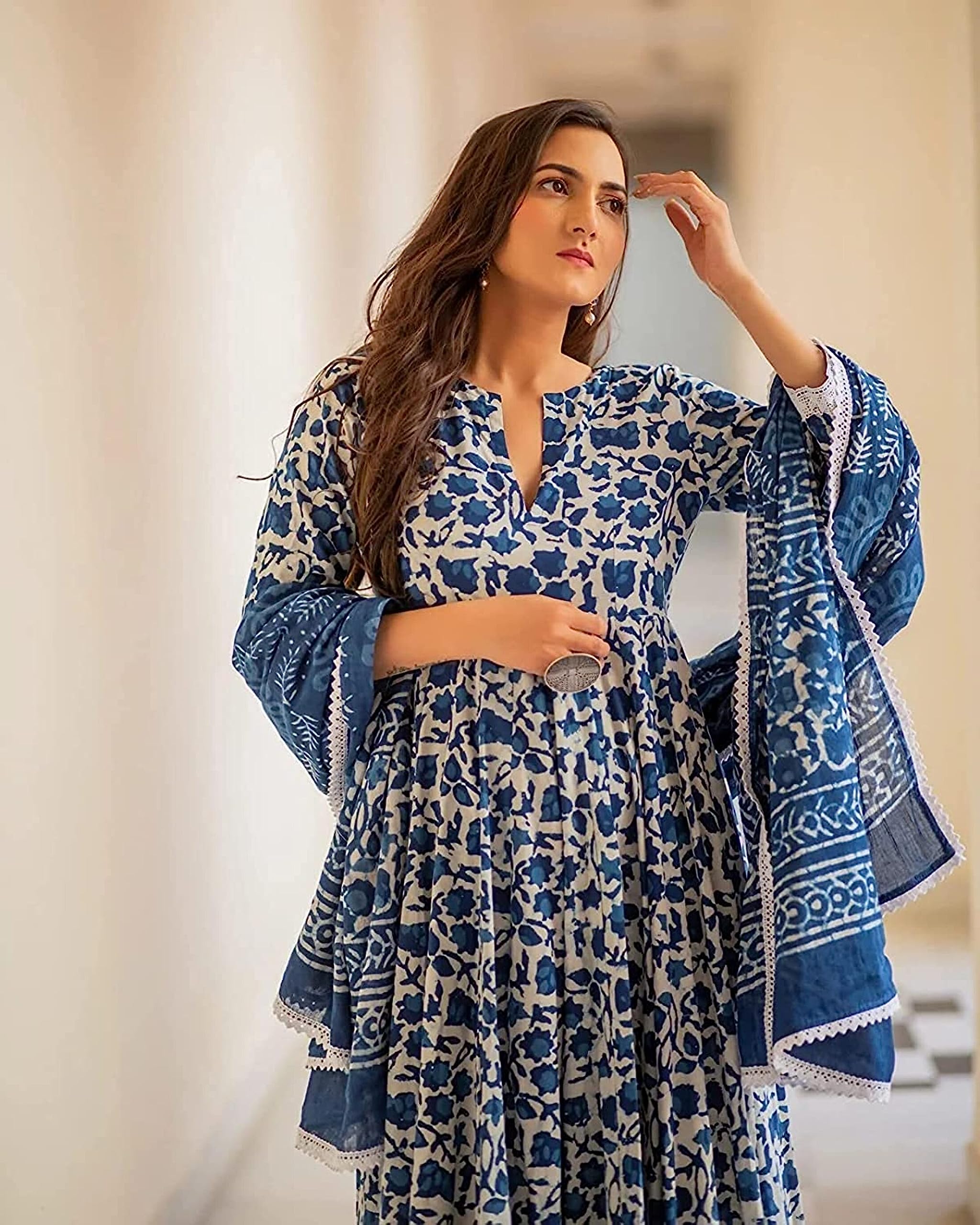 NANNUDECO Cotton Kurtis For Women Blue Anarkali Kurta With Palazzo Dupatta set (M)