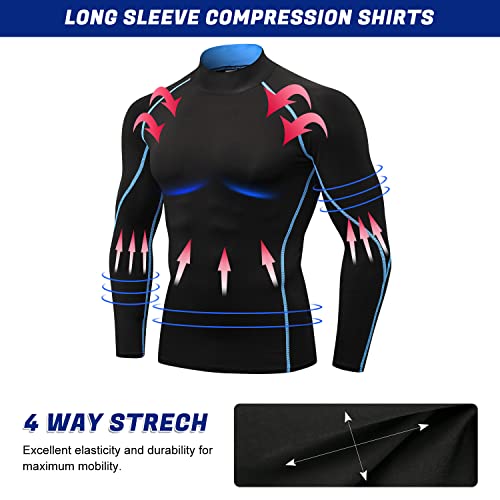 Odoland 3 Pack Mens Long Sleeve Compression Shirts, Mock Turtleneck Shirts, Active Workout Cool Dry Athletic Base Layer Top, Black+Grey/Black+Blue/Black+Red, L