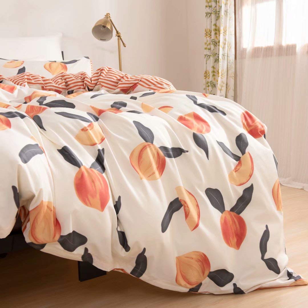 Peach Bedding Cute Queen Duvet Cover Set Soft Striped Duvet Cover with 1 Duvet Cover and 2 Pillowcases(Peach Queen)